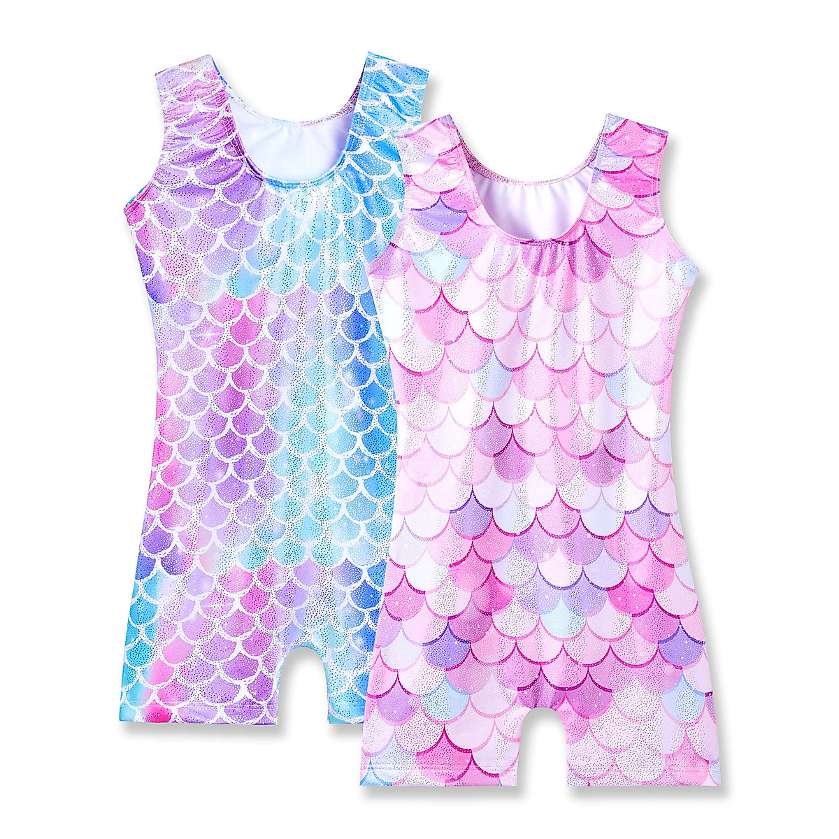 Nymphperi Girls Gymnastics Leotards Size 6-7 Years Old Sparkly Blue Pink Mermaid Scale Biketards with Shorts for Children Practice Workout