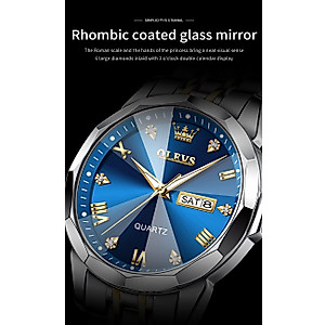 OLEVS Watch for Men Diamond Business Dress Analog Quartz Stainless Steel Waterproof Luminous Date Two Tone Luxury Casual Wrist Watch Blue