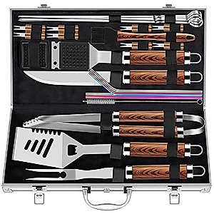 ROMANTICIST 25pcs Extra Thick Stainless Steel Grill Tool Set for Men, Heavy Duty Grilling Accessories Kit for Backyard, BBQ Utensils Gift Set with Spatula,Tongs in Aluminum Case for Birthday Brown