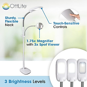 OttLite LED Floor Lamp with Optical Grade Magnifier - ClearSun LED Technology - 3 Brightness Settings, Adjustable Arm & Touch Sensitive Controls - Great for Sewing Table, Crafting, Home  & Office