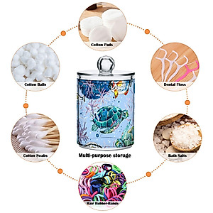 2 PACK Cute Watercolor Pattern Sea Turtles Hawaiian Fish Coastal Qtip Holder Dispenser for Cotton Ball, Cotton Swab, Cotton Round Pads, Floss Picks - Plastic Apothecary Jar Set for Bathroom Canister S