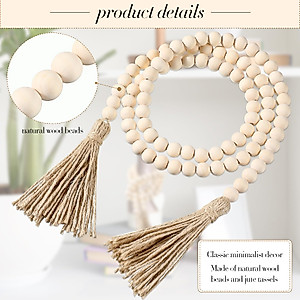 Geetery 6 Pcs Beads 58'' Wood Bead Garland with Tassels Rustic Country Decor Prayer Boho Beads Big Wall Hanging Decor Farmhouse Beads Versatile Prayer Beads for Home Wall Table Decor (White)