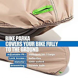 Bike Cover for 1 or 2 Bikes Outdoor Storage Waterproof Bicycle Cover for Transport on Rack, Rain Sun UV Dust Wind Proof with Wind-Secure Strap & Storage Bag, 420D Heavy Duty Bike Covers, Khaki