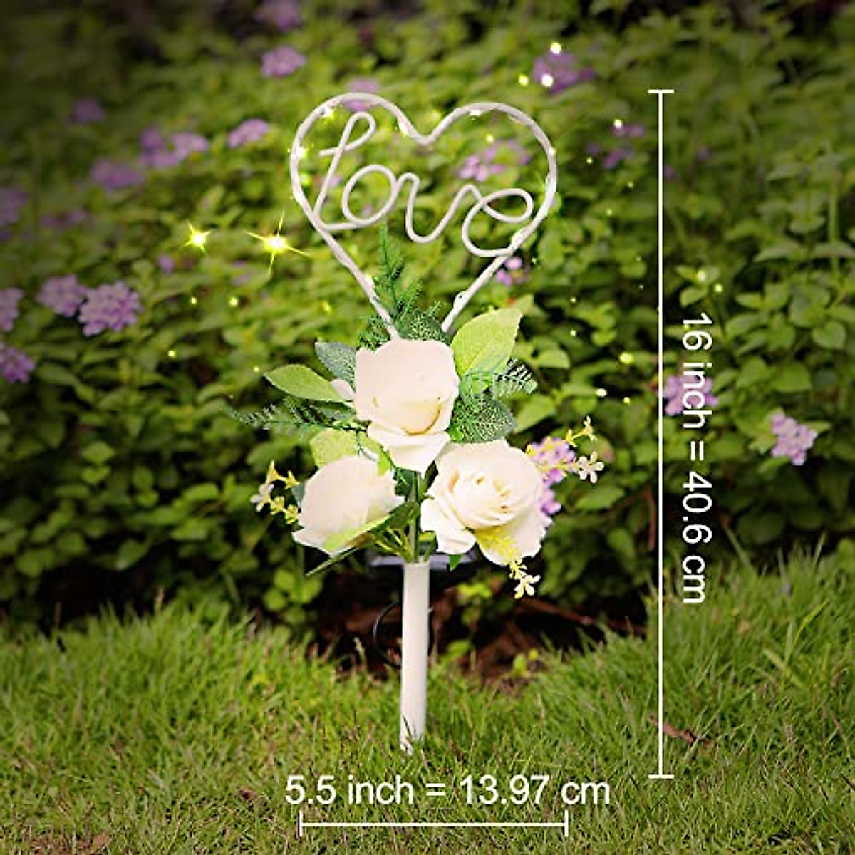 Joyathome 16 Inch Solar Heart Garden Stake Lights with 3 Artificial Flowers Metal Garden Art for Patio Lawn Garden Decor Solar Outdoor Love Sign for Gravesites Memorial and Ideal Gifts for Loved Ones