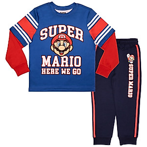 Nintendo Super Mario Video Game 2-Piece Set, Boys Long Sleeve T-Shirt & Jogger Pants 2-Pack Bundle Set for Kids and Toddlers (Size 4, Blue)