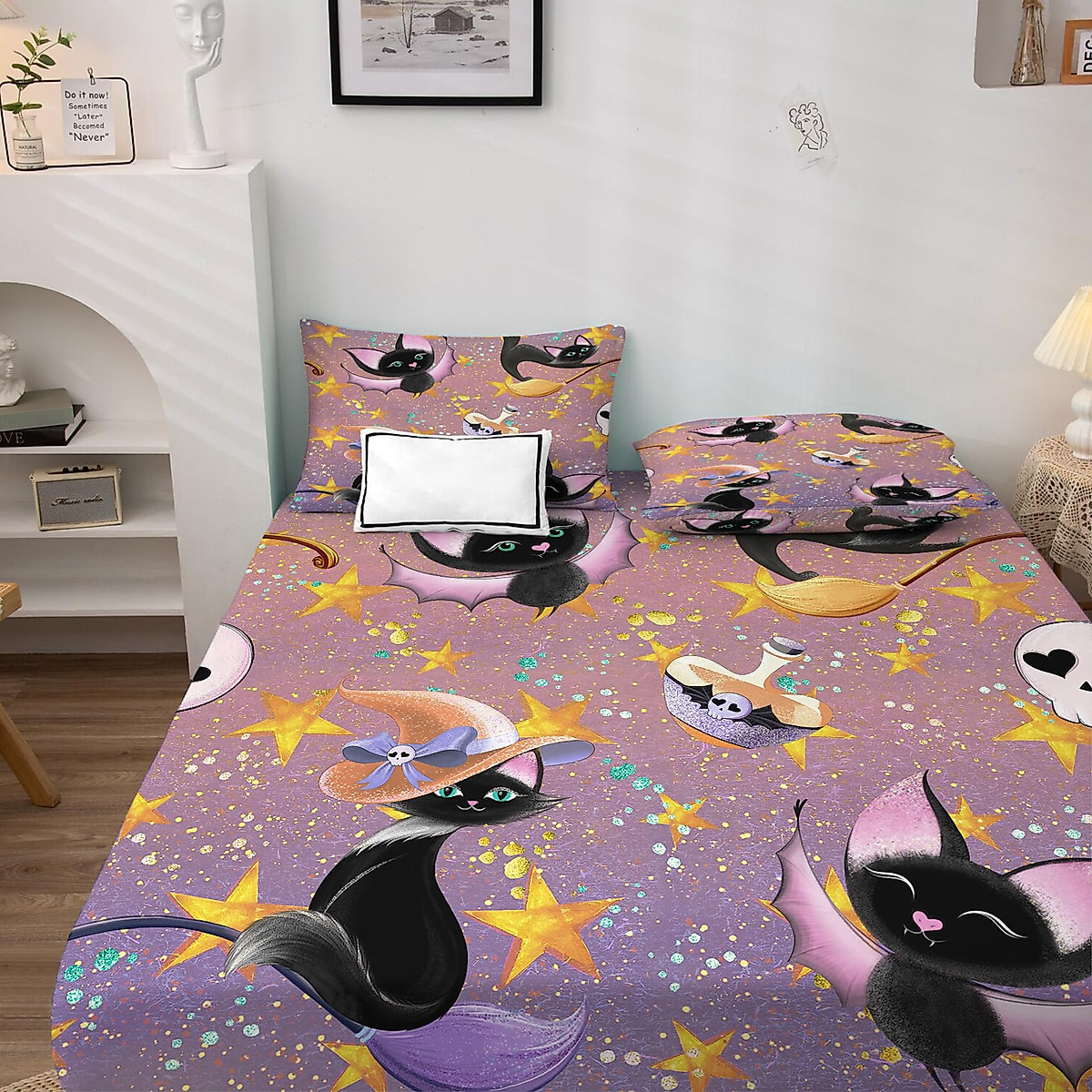 Halloween Sheets Full Size, Black Cat Bat Bed Sheets, Patterned Bedding Sheets & Pillowcases 4 Piece Set - Soft Microfiber Deep Pocket Fitted Sheet & Flat Sheet & 2 Pillow Cases L6-&-248
