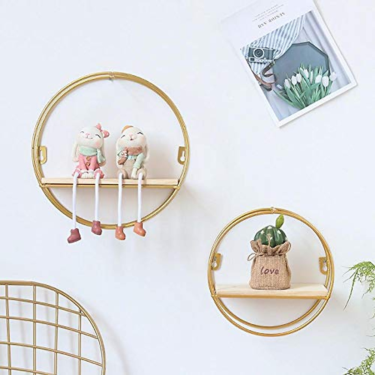 Hacoly Wall Mounted Round Gold Floating Shelves Storage Shelves for Wall Bedroom Living Room Bathroom Kitchen and Office, 25x9cm