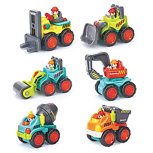 6 Pieces Construction Vehicles Toy Trucks Set - Bulldozer, Cement Mixer, Dumper, Forklift, Excavator and Road Roller for Your Little Contractor - Push and Go Sliding Toys for Toddlers 18m+