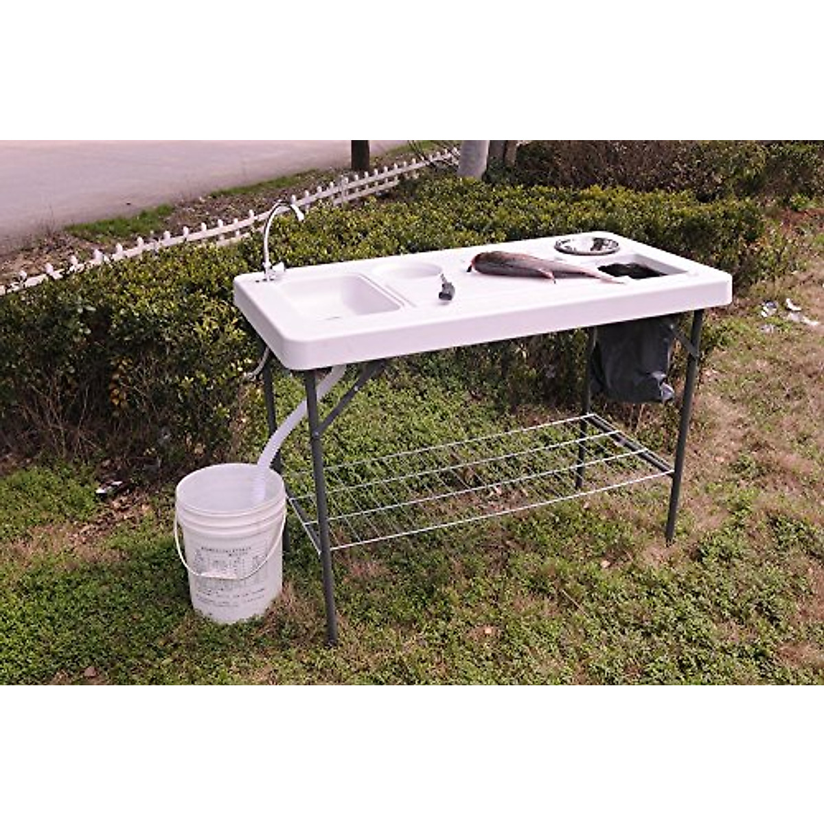 Old Cedar Outfitters Deluxe Fish Fillet Table, or Portable Folding Camping Kitchen with Cutting Board, Bowls, Knife, Odor Bar, Sink, Drain and More! 49.8" x 25.6" x 37.2", White,Camp