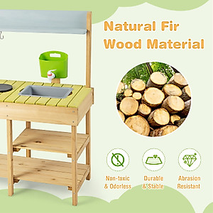 HONEY JOY Mud Kitchen, Fir Wooden Mud Table Play Kitchen for Toddlers, Running Water, Removable Sink, Kids Outdoor Kitchen Playset, Mud Kitchen for Kids Outdoor, Gift for Boys Girls
