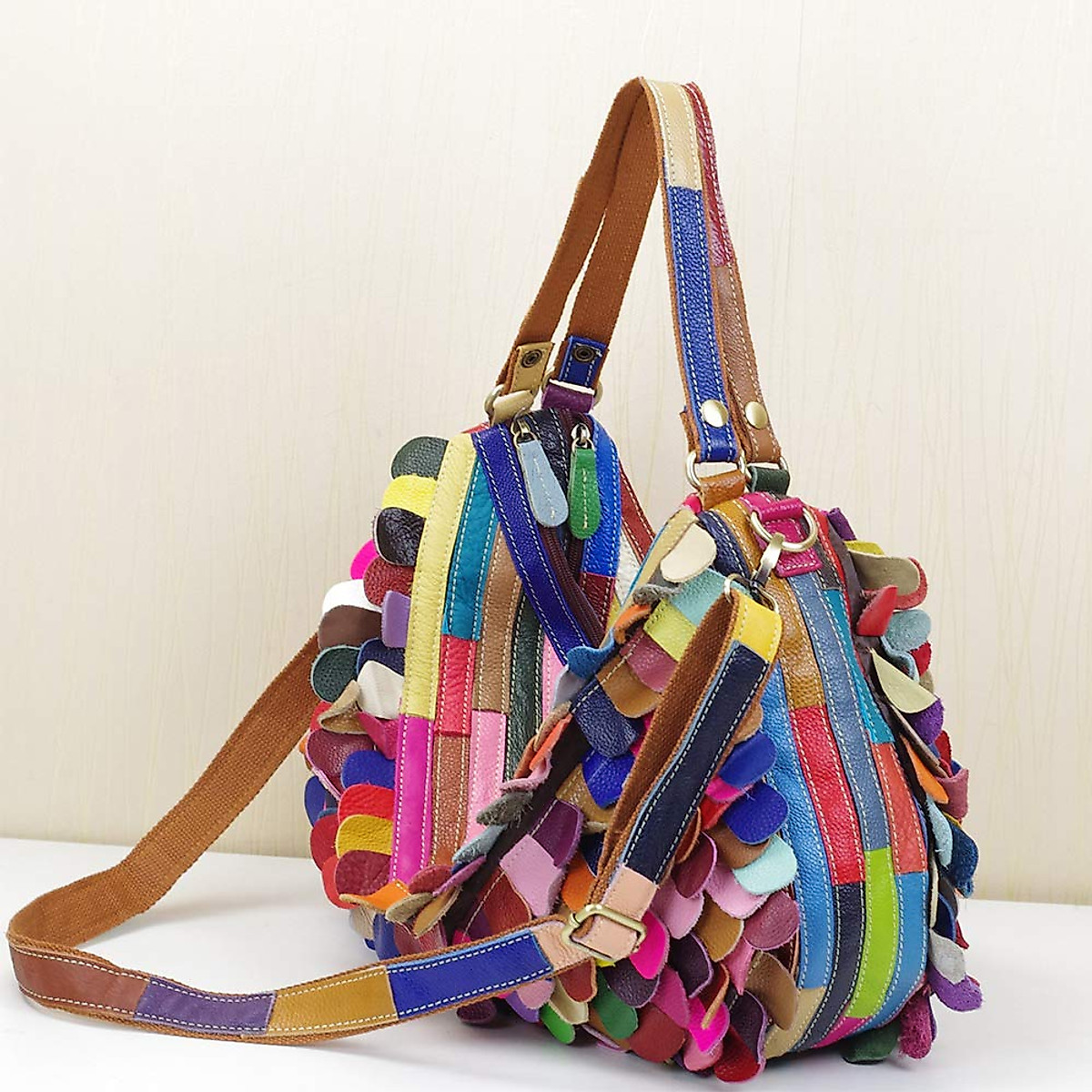 Segater® Women’s Full Sheepskin Tobo Bag Multicolour Patchwork Shoulder Bag 3D Leaf Stripe Pattern Colorful Tassel Handbag Purses Multicoloured