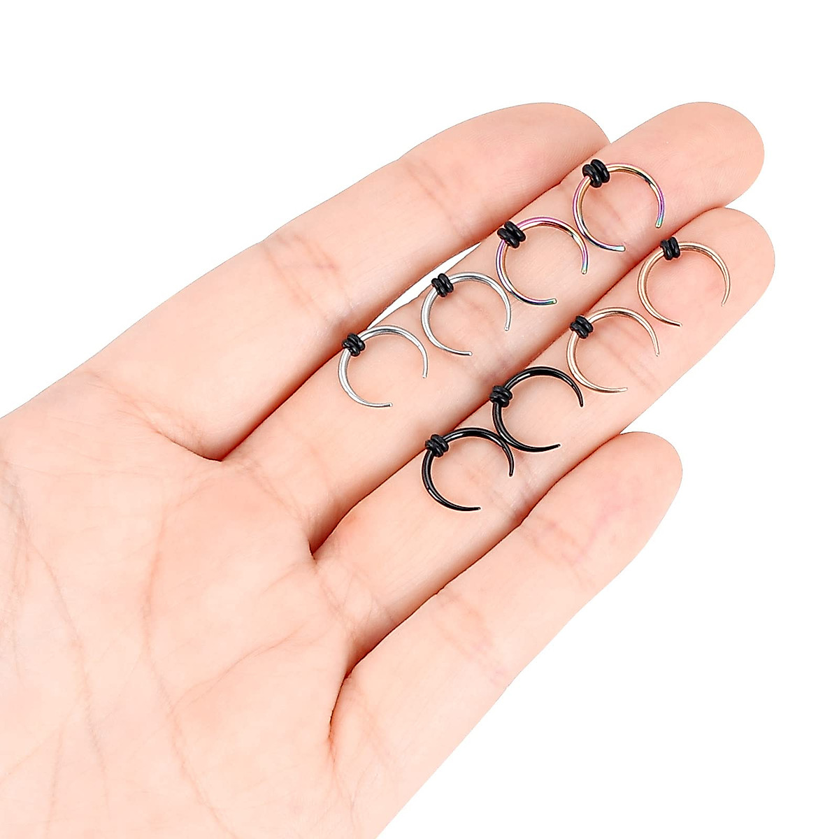 YOFANST 16g 8pcs Stainless Steel Crescent Pincher Septum Rings C Shape Buffalo Horseshoes Taper Set 4 Pairs, Inner Diameter 3/8"