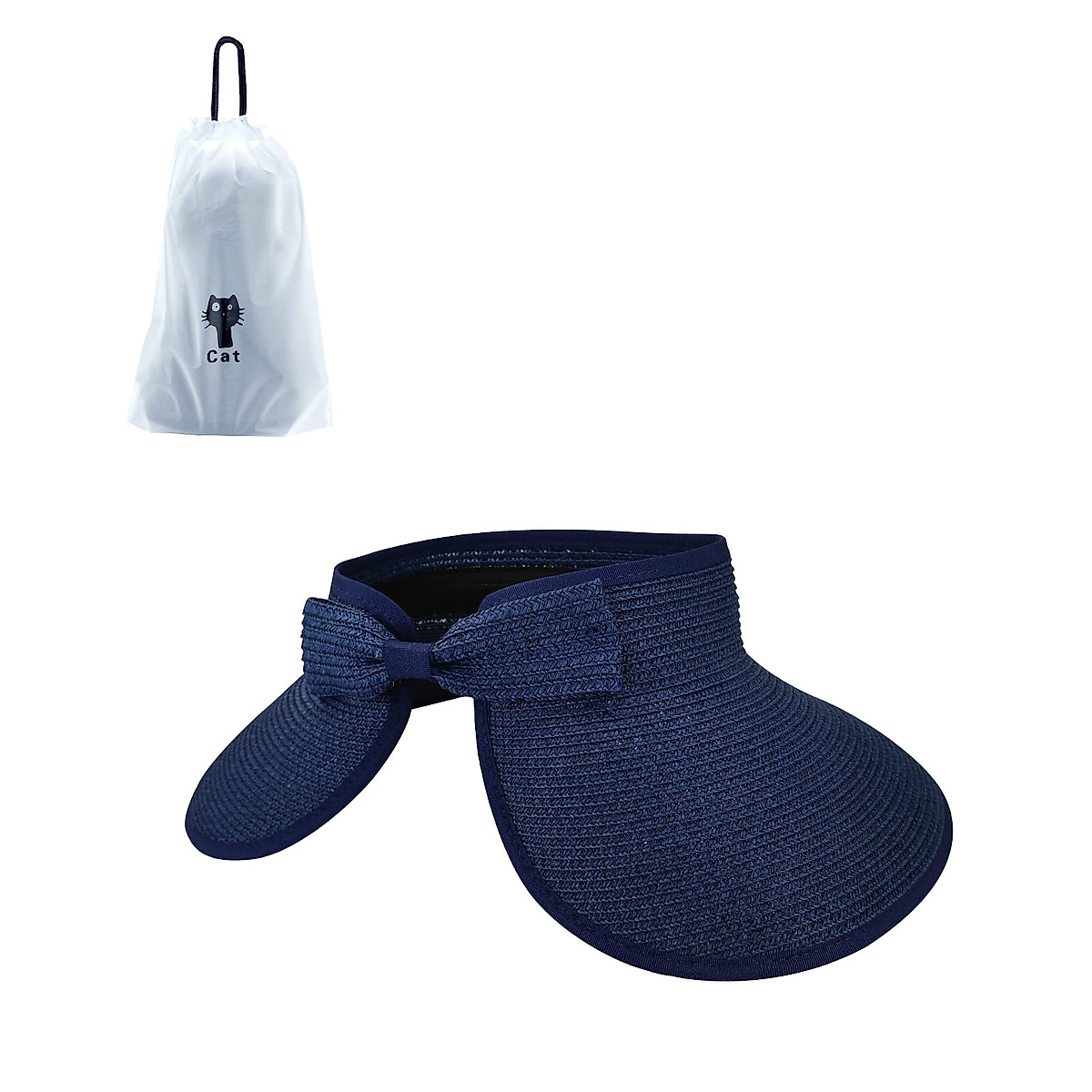 Andiker Women Roll Up Sun Visors Hat, Fordable Wide Brim Ponytail Beach Hat with A Storage Bag, Adjustable Straw Hat with Bow for Summer (Navy)