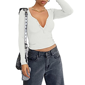 REORIA Women Fall Sexy Long Sleeve Henley T Shirts V Neck Button up Casual Basic Vintage Y2K Slim Fitted Ribbed Knit Tees Crop Tops White Small