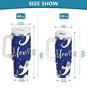 RPLIFE Whimsical Ghosts Deep Blue Stainless Steel Mug, Insulated Water Bottle with Straw, Tumblers for Women