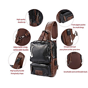 QICHUANG Men Vintage Sling Bag PU Leather Crossbody Unbalance Shoulder Bag with USB Charging Port Gift for Men