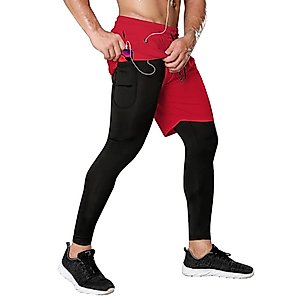 Hotfiary Men's Running Pants with Pockets, 2 in 1 Compression Pants with Shorts Quick Dry Athletic Tights for Gym Workout
