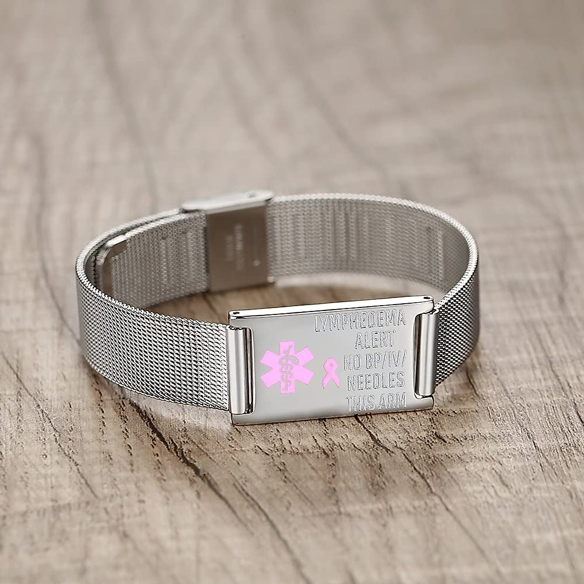 AOAMID Lymphedema Alert bracelet Adjustable Stainless Steel Mesh no bp no needles bracelet for women Emergency breast cancer medical bracelets(Mesh SS)