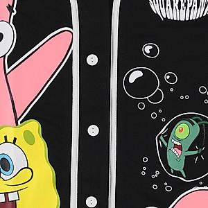 SpongeBob SquarePants Ladies Baseball Jersey - Spongebob, Mr Krabs, Squidward, Patrick Star - Mesh Button Down Baseball Jersey (Black White, Small)