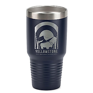 100 North, Polar Camel, United States National Parks, Navy Blue 30 Ounce, Stainless Steel, Vacuum Insulated Travel Tumbler Mug With Clear Lid, Yellowstone Adventures