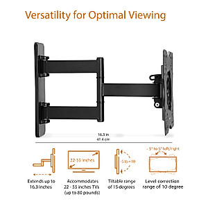 Amazon Basics Full Motion Articulating TV Monitor Wall Mount for 22-55 Inch TVs and Flat Panels up to 80 Lbs, Black