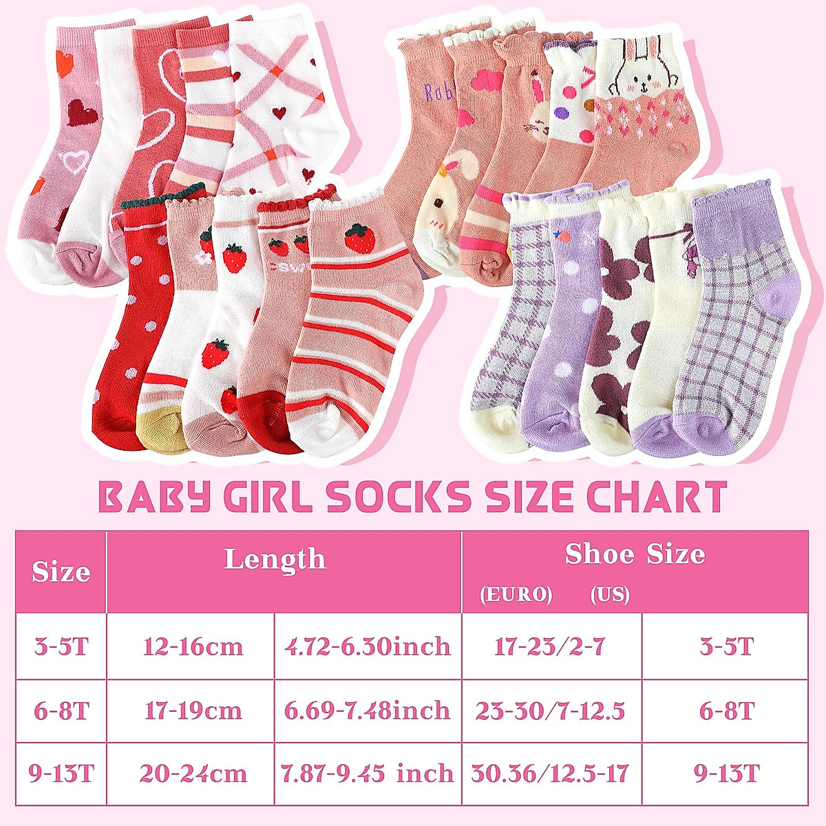 Bencailor 20 Pairs Cartoon Pattern Crew Socks Cute Patterns Ruffle Crew Socks Cotton Cute Socks for Kids Girls (Ages 6-8)