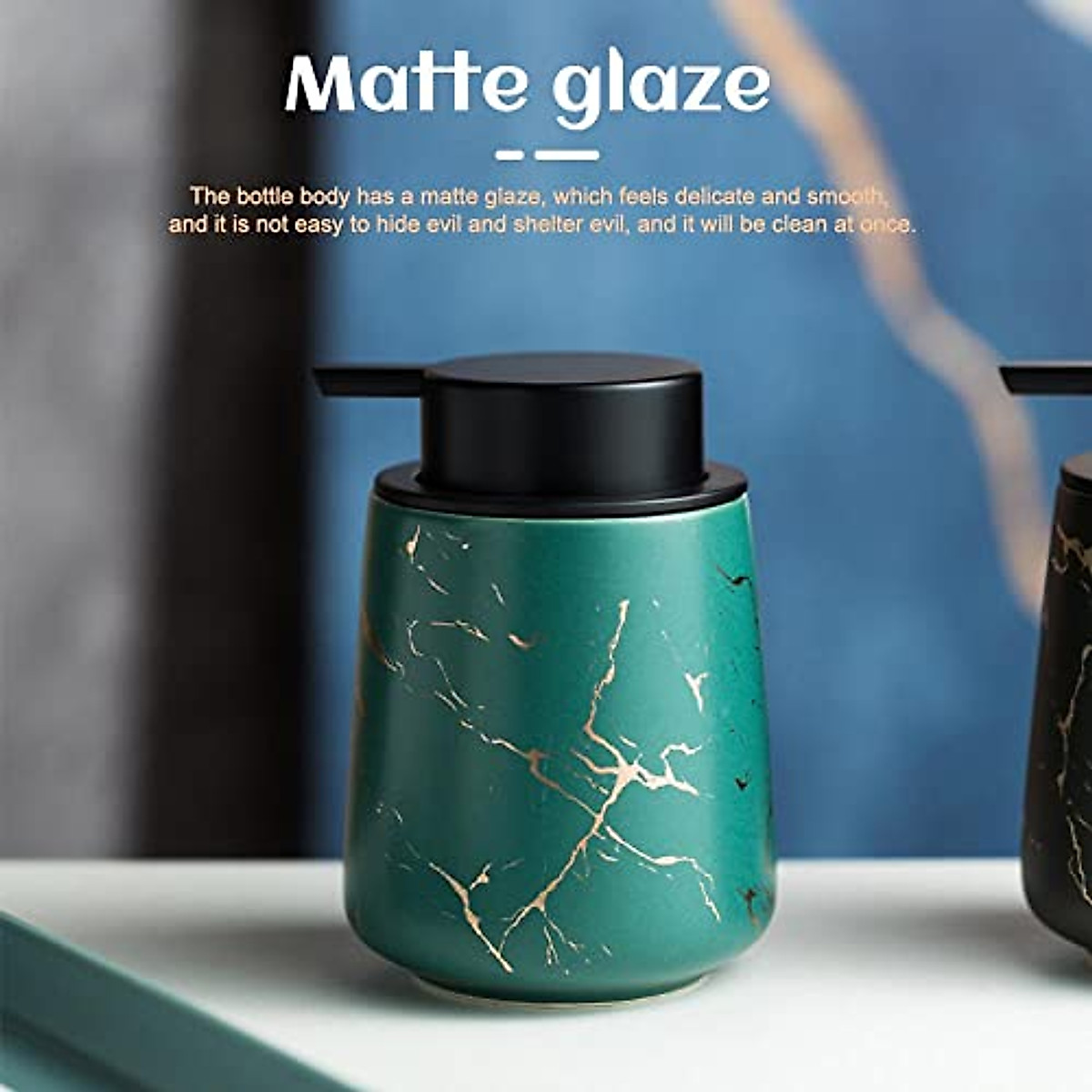 Beuway 12Oz Foam Hand Soap Dispenser,Ceramic Lotion Hand Soap Dispenser Countertop Foaming Soap Dispenser for Kitchen or Bathroom (Marbling green)