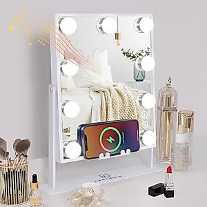 FENCHILIN White Hollywood Vanity Mirror with Lights 9 Dimmable Bulbs Wireless Charger Speaker Makeup Mirror with Smart Touch Control for Glam Room Bedroom Detachable 10X Magnification