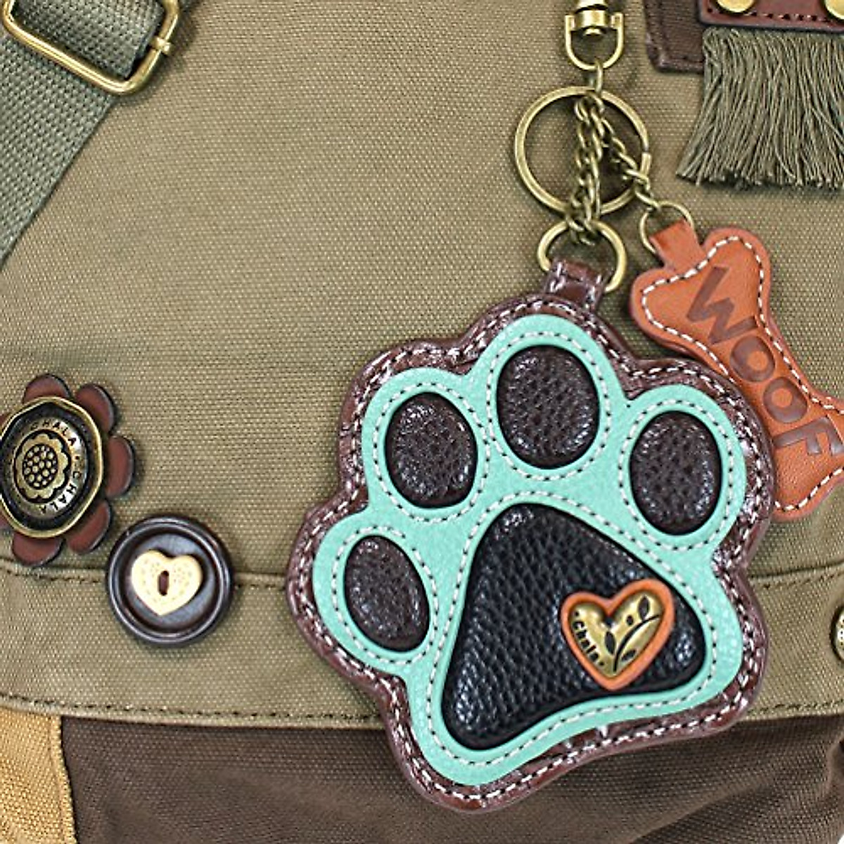 Chala Canvas Crossbody Messenger handBags with Keyfob/Coin Purse - (Green Paw) (Olive -Teal Paw)