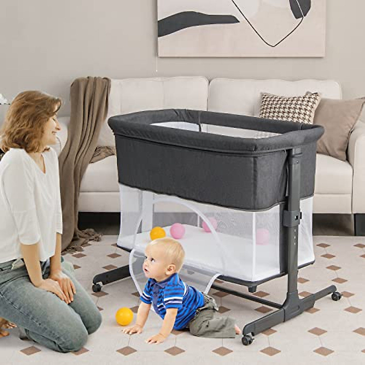 BABY JOY 3-in-1 Bassinet Bedside Sleeper, Playpen & Baby Crib w/Mattress, 5 Adjustable Heights, Lockable Wheels & Travel Bag for Safe Cosleeping, Portable Baby Bassinet for Infants Newborn (Black)