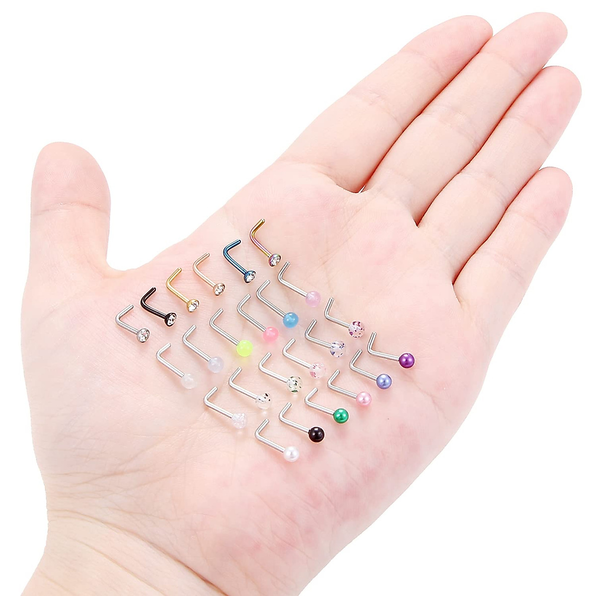 Cisyozi 18G Nose Rings Studs for Women Stainless Surgical Steel Stud Nose Ring Plastic Glow Dark Big Curved Nose Nostril Rings Bend L Shaped Pearl Nose Ring Piercing Jewelry Set Pack Men Diamond 3mm