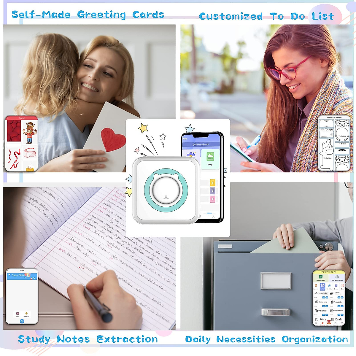 Carpower Mini Printer Portable, Pocket Thermal Printer with 7 Rolls Paper, Bluetooth Wireless Instant Photo Printer Compatible with iOS Android for Picture Receipt Label Note QR Code Inkless Printing