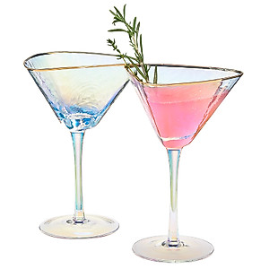 Iridescent Lustered Hammered Martini Glasses - Set of 2 - Gold Rim 8 oz Colorful Balloon Stemmed Glassware - Festive Anniversaries, Birthday Gift, Cocktail Party Radiance - Unique Wine Barware