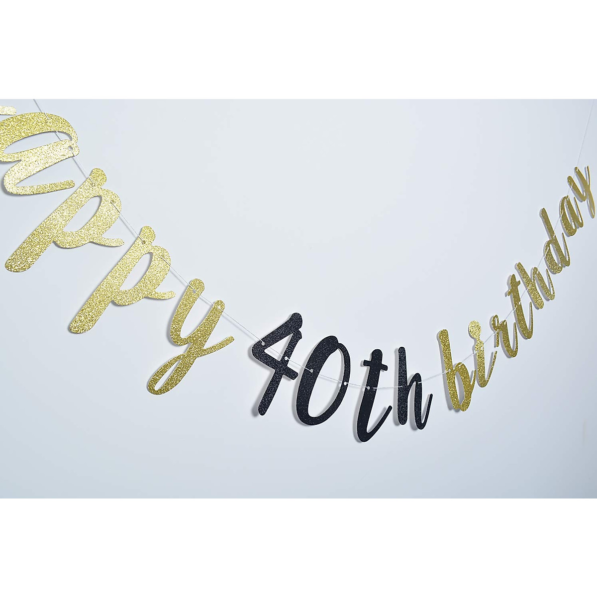 Happy 40th Birthday Banner for 40th Birthday Party Pre-Strung Decorations (Gold & Black Glitter)