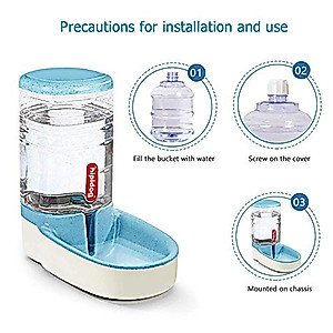Automatic Cat Feeder Automatic Dog Water Dispenser 1 Gallon Double Bowl Design for Cats or Small Pets (Blue Water)