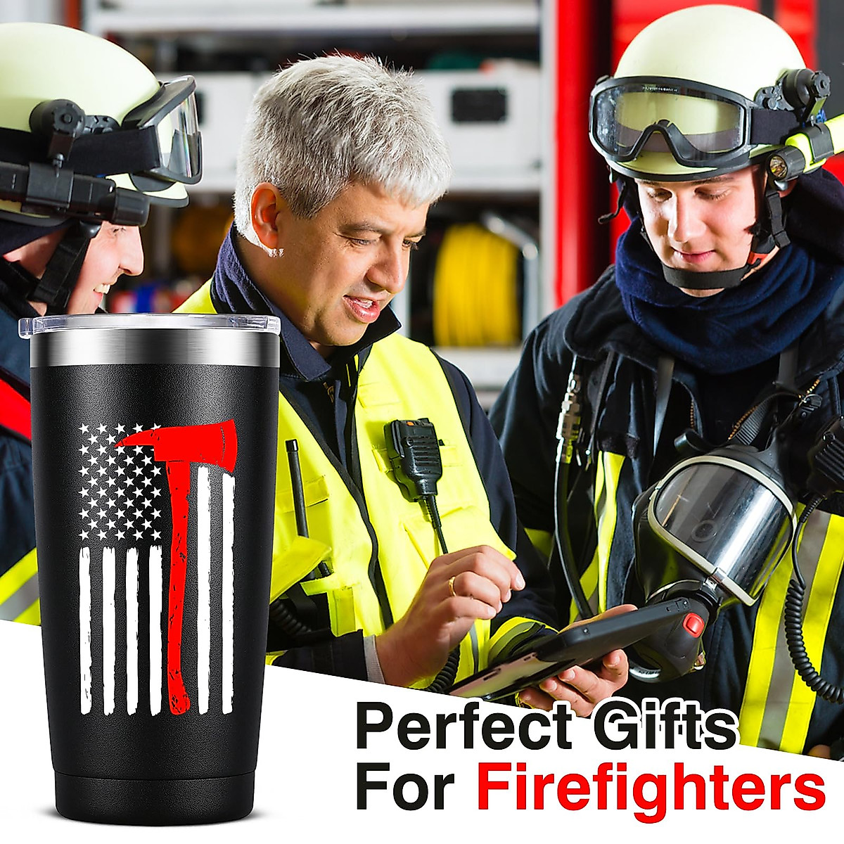 KIKERRO Thin Red Line Firefighter Gifts for Men, Fireman, Fire Fighter Department Team Essentials Coffee Mug Cup - 20oz Insulated Stainless Steel Tumbler, Black