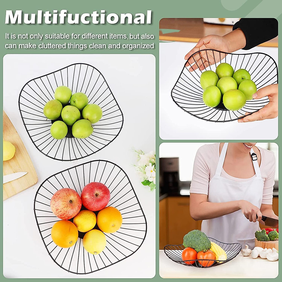 Fodayuse 2 Pcs Flat Modern Fruit Bowl, Fruit Holder for Fruit and Vegetable Storage, Minimalism Wire Fruit Bowls for Kitchen Counter, Home Decor, Countertop, Table Centerpiece, Black