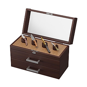 3 Tier Pocket Knife Display Case with 2 Drawers,Wooden Lockable Pocket Knife Holder Box, Large Capacity Knife Organizer Case for Knives,Watches,Wallets Storage and Colletcion