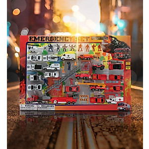 Diecast Police and Rescue Emergency Crew With Play Mat, 46 Pcs Toy Playset Emergency Vehicle Theme