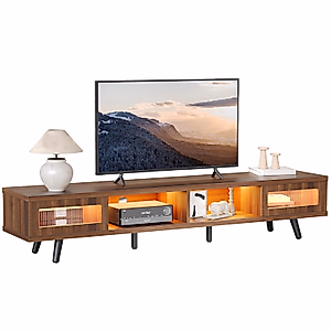Bestier Mid Century Modern TV Stand for 75 inch TV, LED Entertainment Center with Storage and Sliding Doors, Low Profile TV Consoles for Living Room, Ancona Walnut
