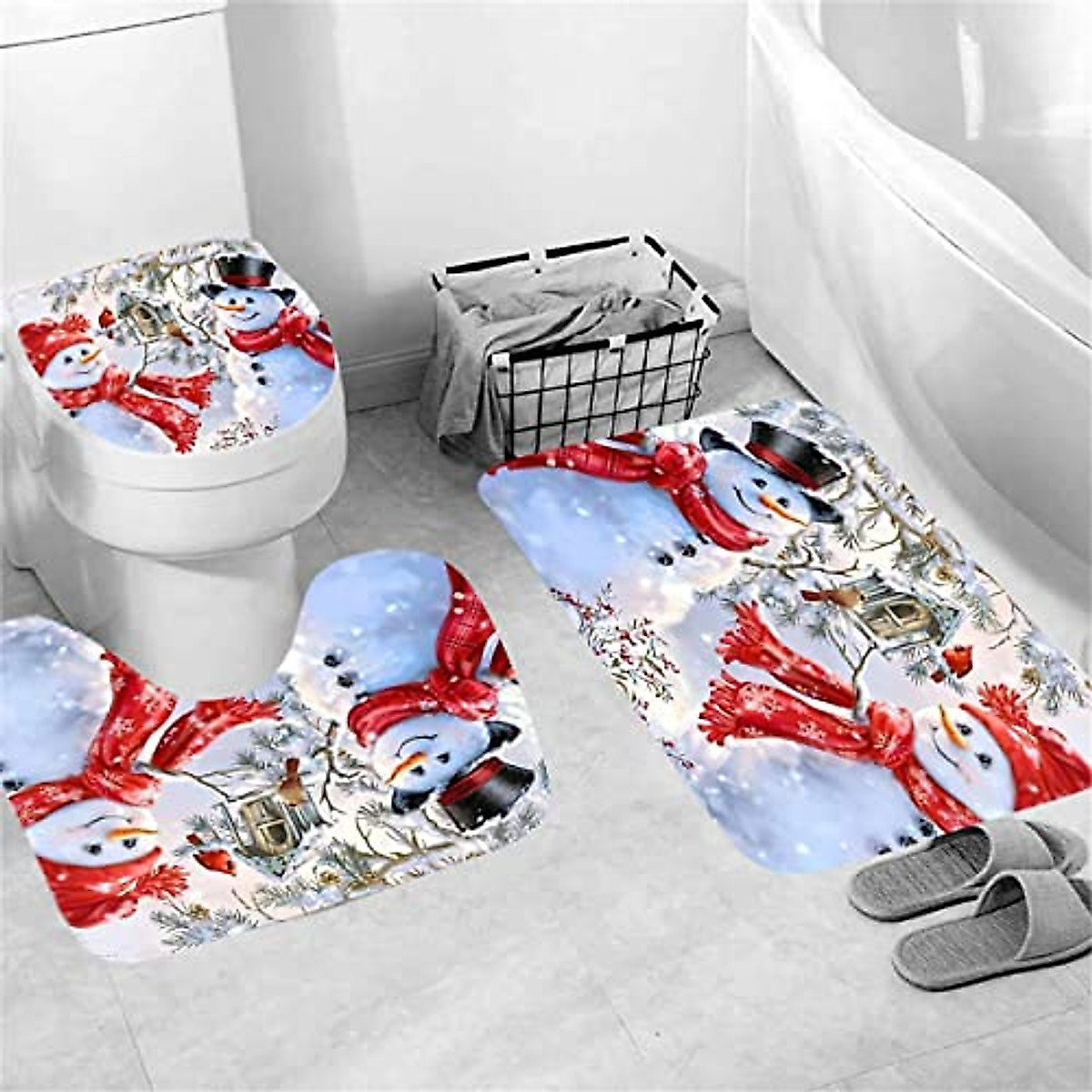 Two Snowmen Bathroom Decor Sets Accessories with Shower Curtain Christmas Shower Curtain Set with Rugs and Accessories Xmas Bathroom Decor 4Pcs