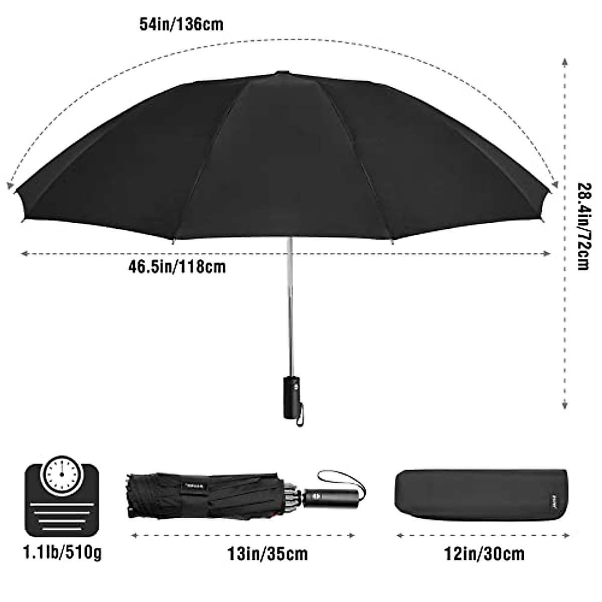 G4Free Large Umbrella 54 Inch Windproof Travel Umbrellas for Rain, Small folding Compact Reverse Umbrella with 10 Ribs Automatic Open Close (Black)