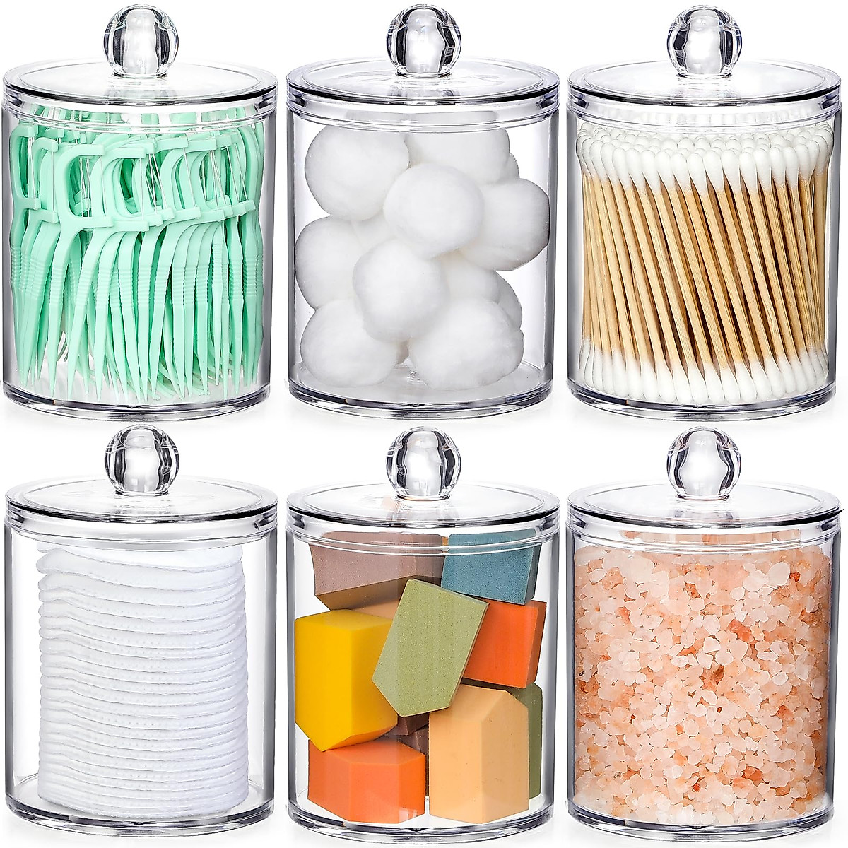 AOZITA 6 Pack Qtip Holder Dispenser for Cotton Ball, Cotton Swab, Cotton Round Pads, Floss - 10 oz Clear Plastic Apothecary Jar Set for Bathroom Canister Storage Organization, Vanity Makeup Organizer