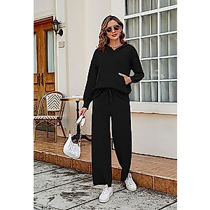 Pink Queen Women's 2 Piece Sweater Outfits Set Pullover Hoodie Top Wide Leg Pants Knit Sweatsuit Lounge Sets Black L