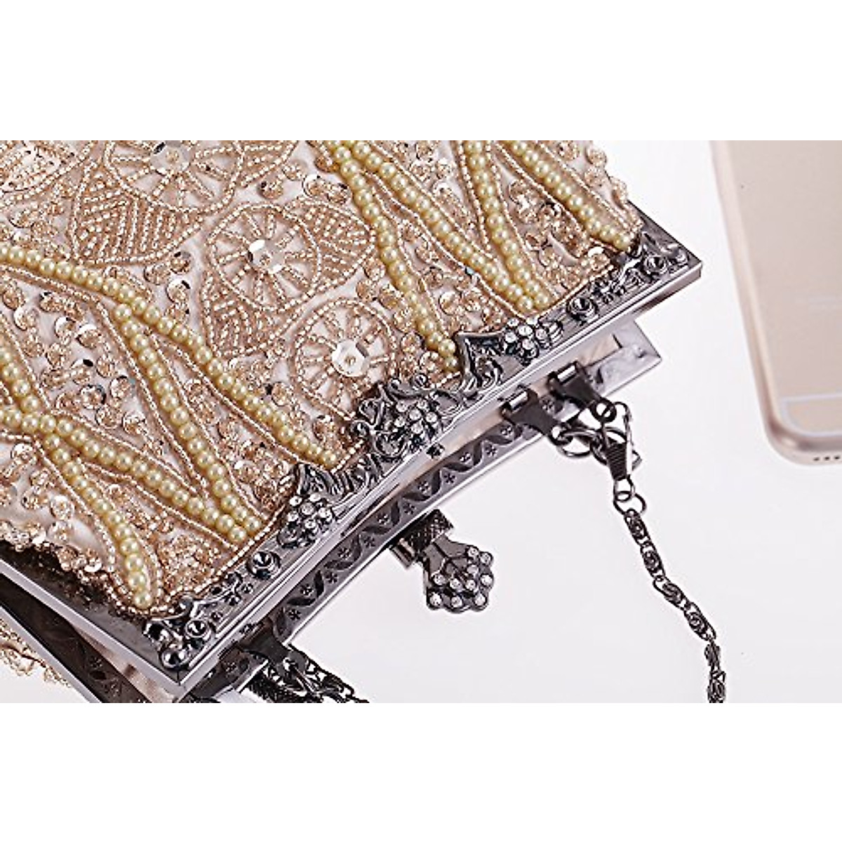 Womens Vintage Jewels Beaded Evening Clutch Bag Top-handle Prom Party Purse Formal Handbag(Silver)