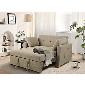 SEJOV 3-in-1 Convertible Sofa Bed, Linen Fabric Pull Out Couch Bed, Adjustable Backrest Futon Sofa Chair, Loveseat which Easy to Assembly, Sturdy Recliner for Living Room, Apartment, Brown Grey