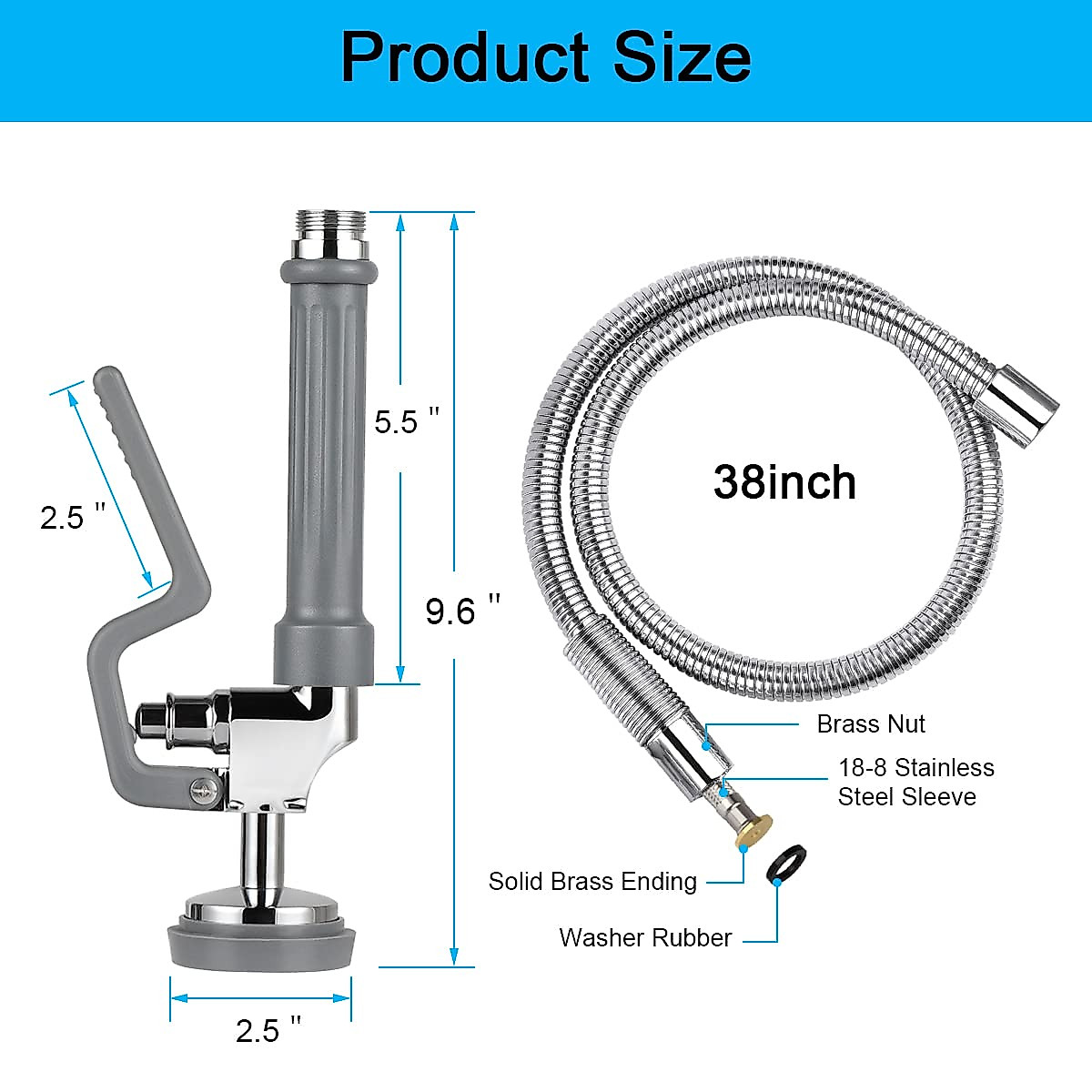 Pre Rinse Spray Valve with 38'' Stainless Hose, Flexible Commercial Sink Hose High Pressure Restaurant Dish Sprayer with Ergonomic Handle Assembly Kit for Commercial Wall Mount Kitchen Faucet