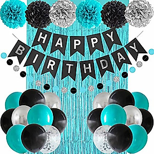 ANSOMO Black Teal Blue and Silver Happy Birthday Party Decorations Turquoise Aqua Balloons Décor Supplies Men Women Boys Girls 1st 2nd 3rd 16th 20th 25th 30th 35th 40th 45th 50th 60th 70th