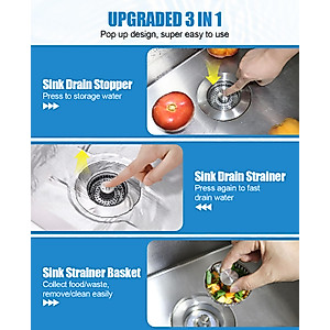 Kitchen Sink Drain Strainer, 3 in 1 All Stainless Steel Sink Strainer, Pop Up Sink Stopper with Copper Bounce Core, Anti-Clog Food Catcher Basket for US Standard 3-1/2 inch Drain (1 Pack)