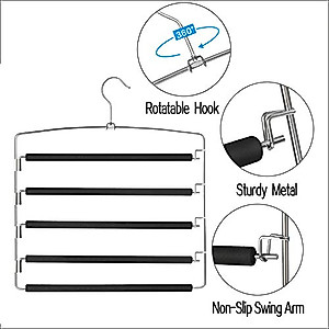 Meetu Pants Hangers 5 Layers Stainless Steel Non-Slip Foam Padded Swing Arm Space Saving Clothes Slack Hangers Closet Storage Organizer for Pants Jeans Trousers Skirts Scarf Ties Towels (4 Pack)